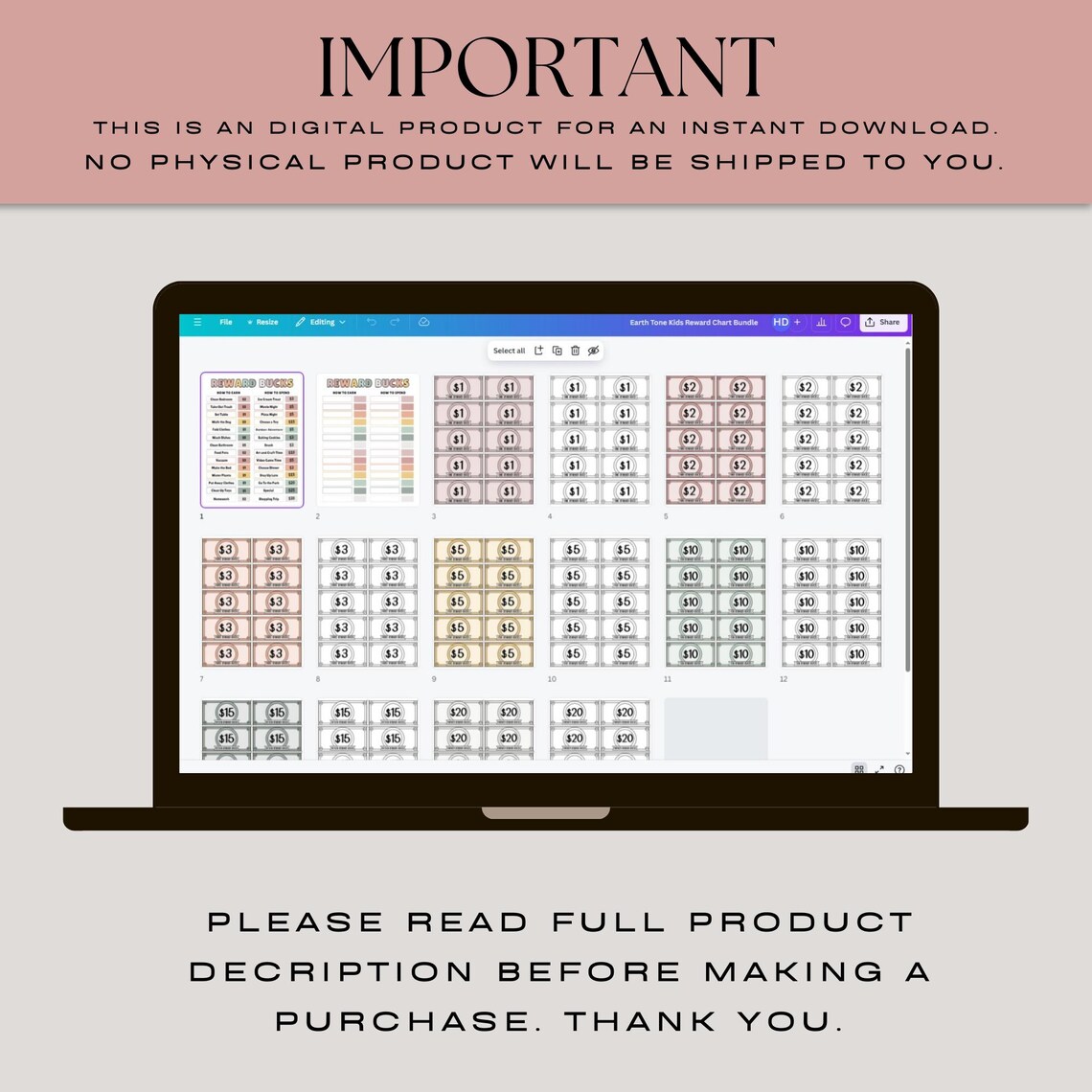 Earth Tones Editable Kids Reward Chart With Reward Bucks Allowance ...
