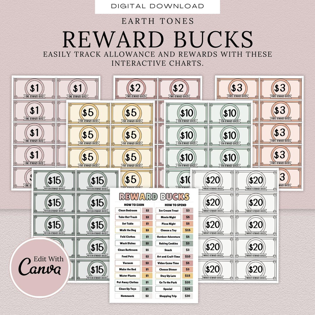 Earth Tones Editable Kids Reward Chart With Reward Bucks | Allowance ...