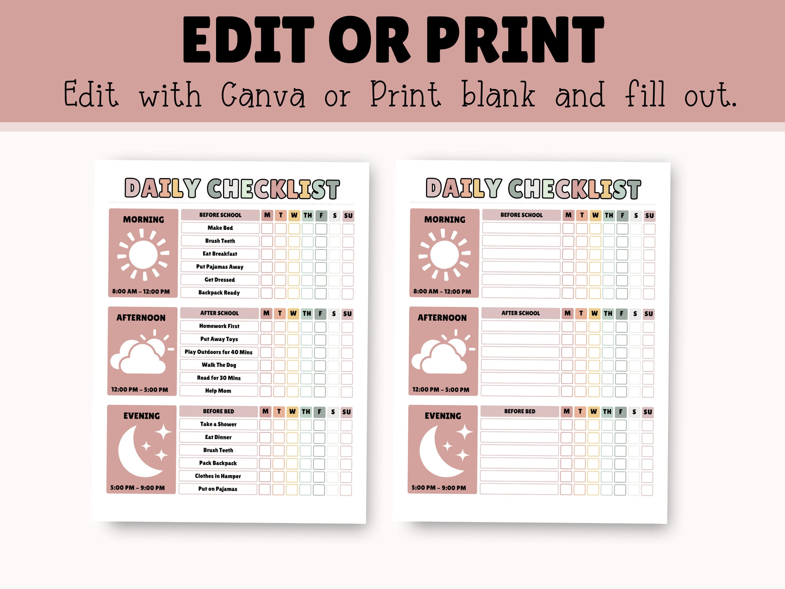 Earth Tones Editable Kids Chore Charts, Rewards and Allowance Daily ...