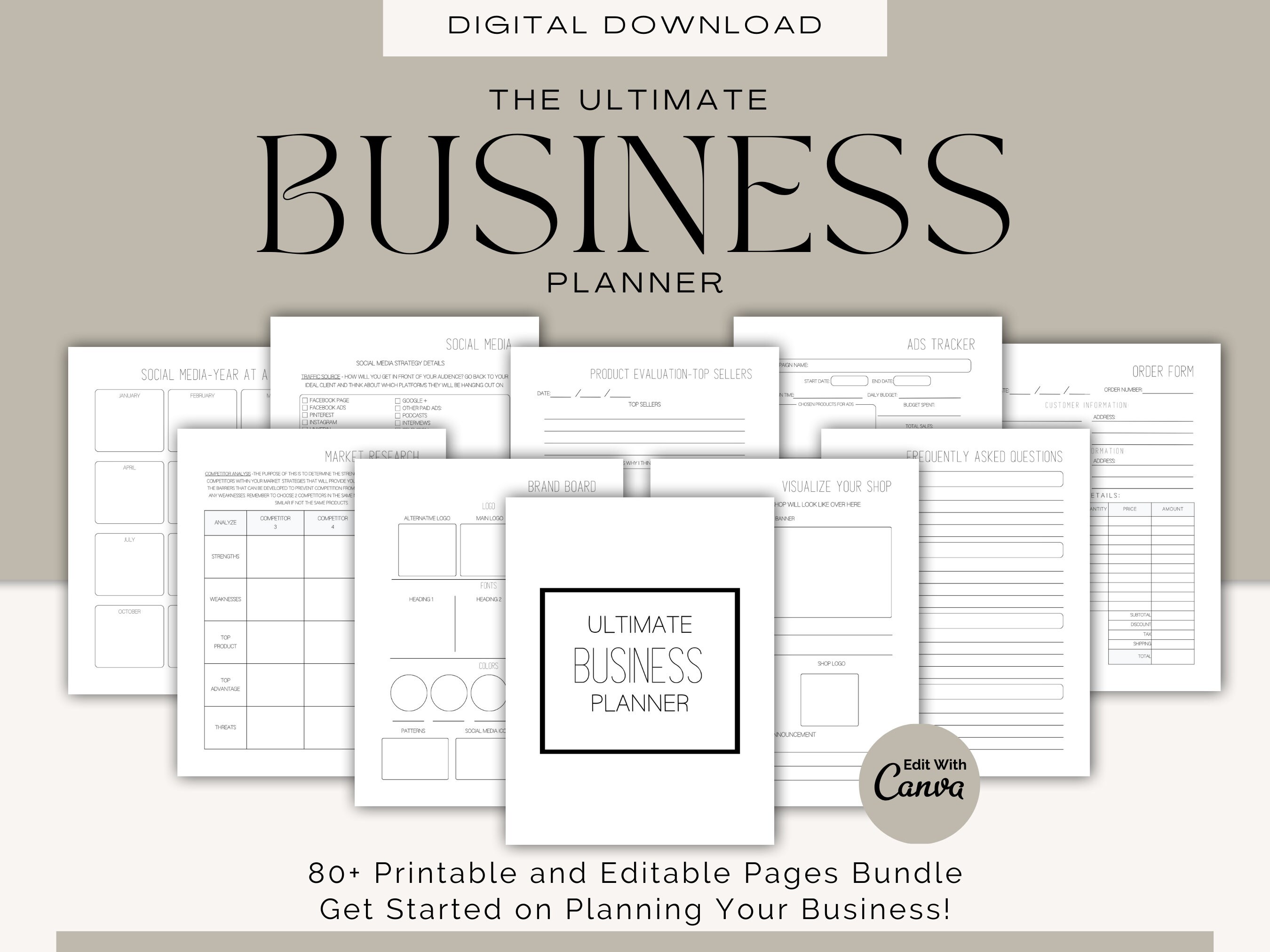 Minimalist Editable Business Planner, Printable Business Planner Bundle ...