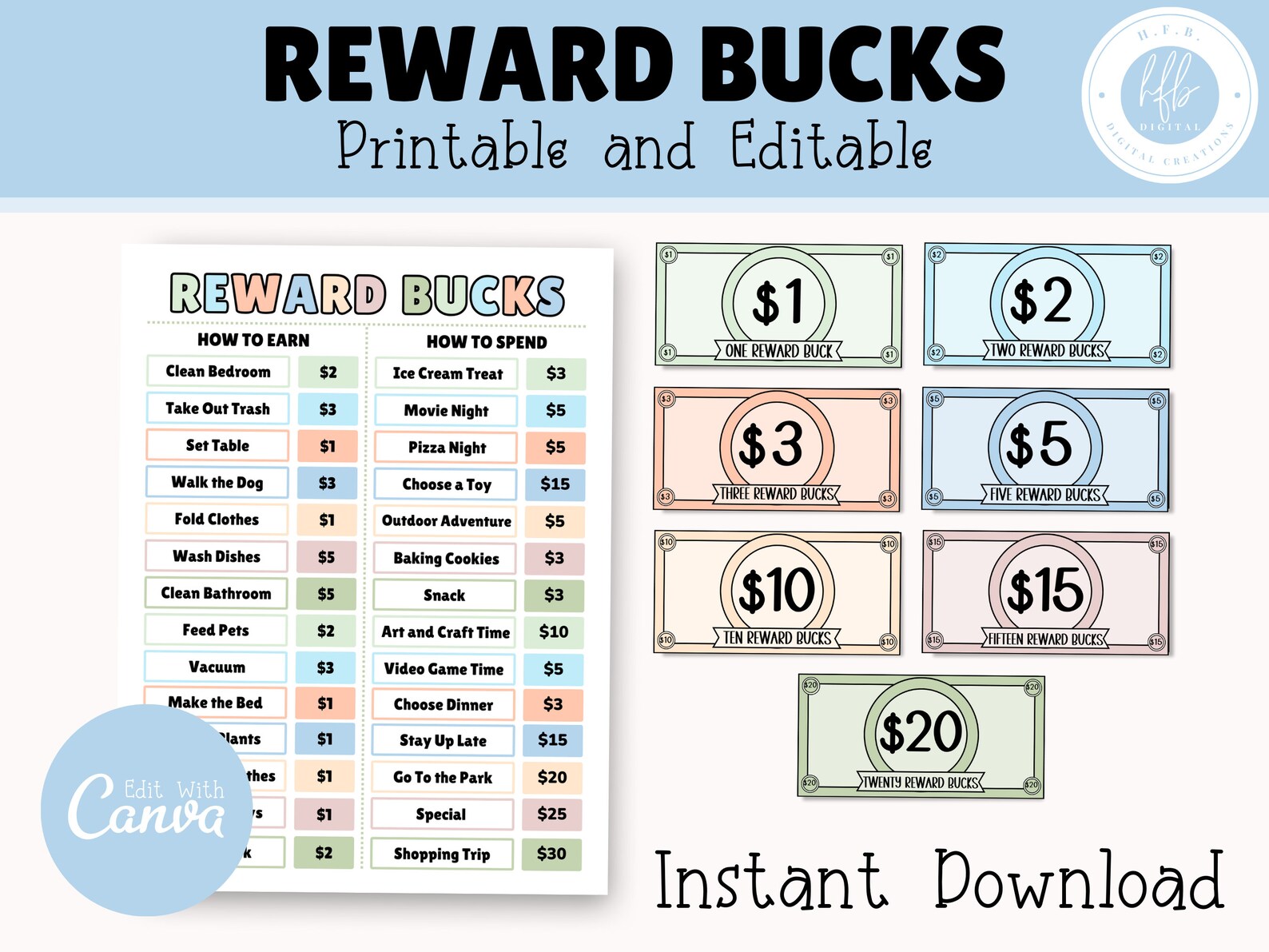 Orange, Green and Blue Editable Kids Reward Chart With Reward Bucks ...