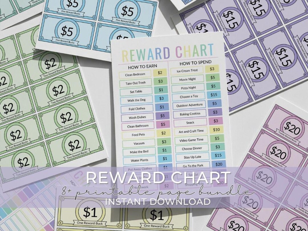 Pastel Editable Kids Reward Chart With Reward Bucks, Reward Bucks for ...