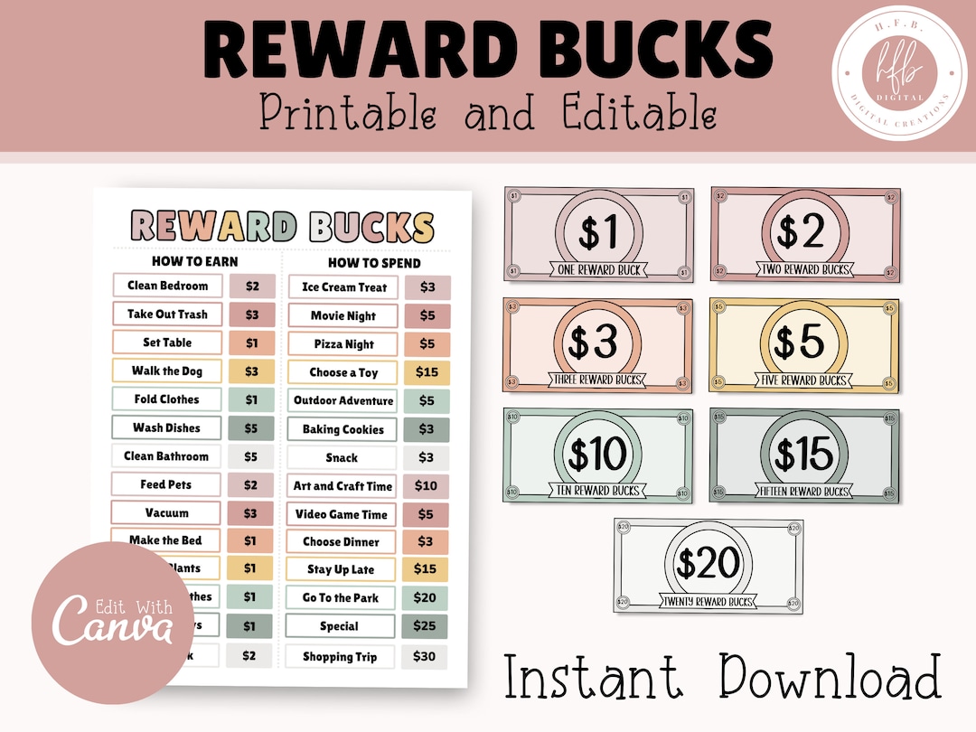 Earth Tones Editable Kids Reward Chart With Reward Bucks Allowance ...
