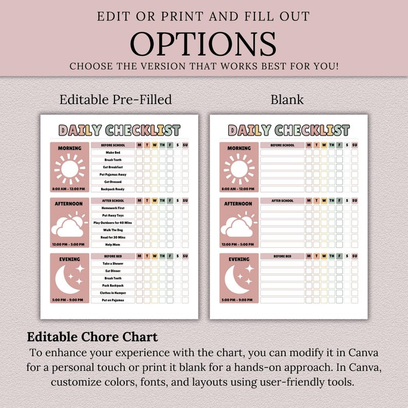 Earth Tones Editable Kids Chore Charts, Rewards and Allowance | Daily ...
