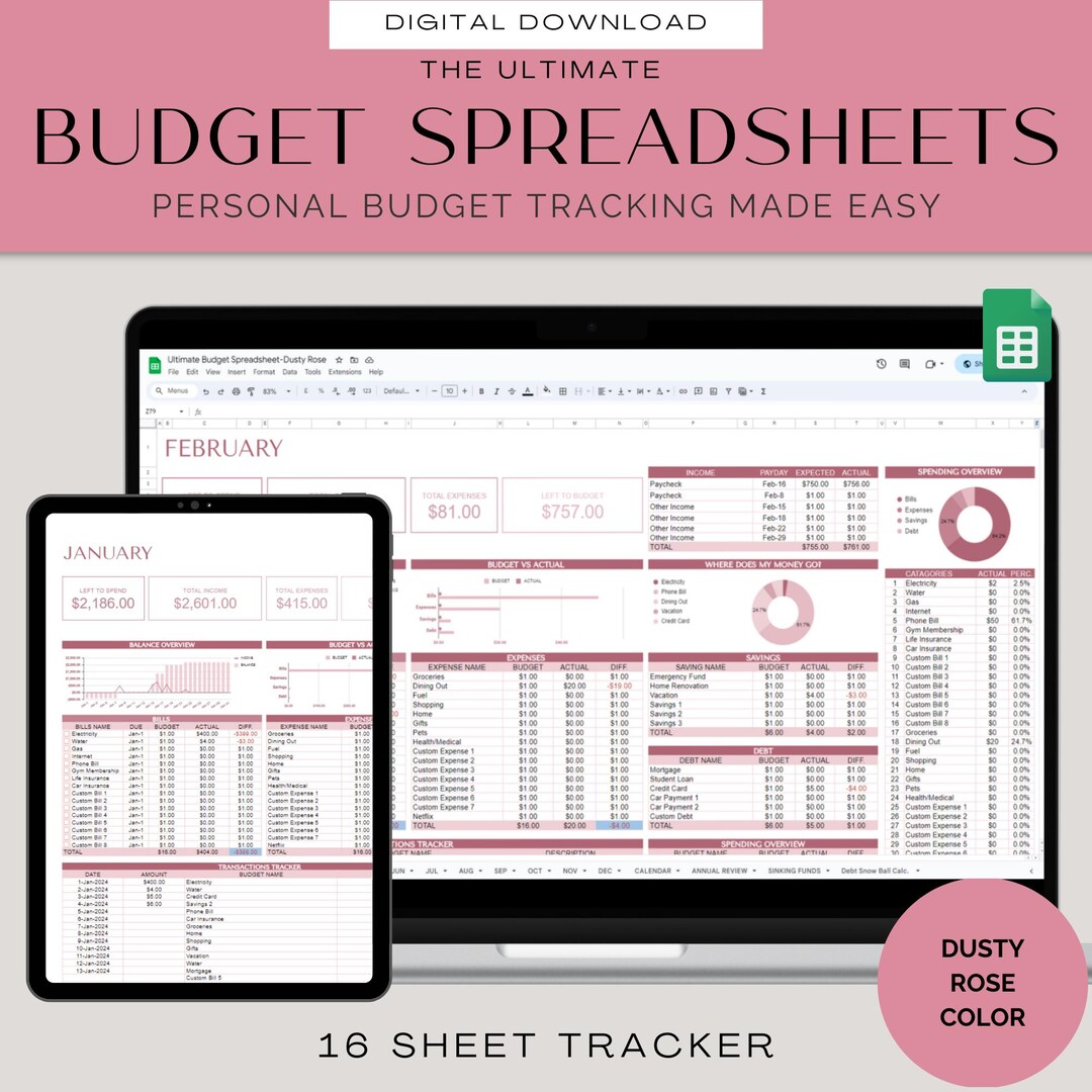 Ultimate Budget Bundle-dusty Rose, Budget Planner for Google Sheets ...