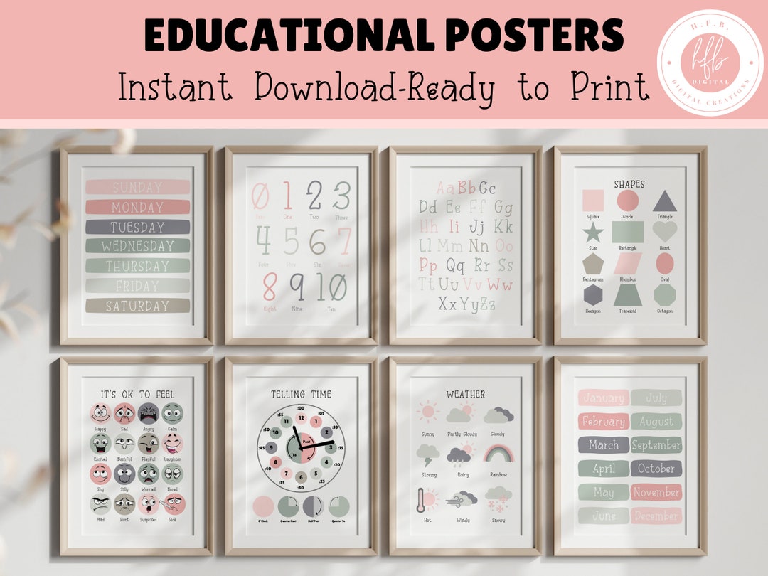 Pink and Green Boho Educational Poster, Playroom Wall Décor, Homeschool ...
