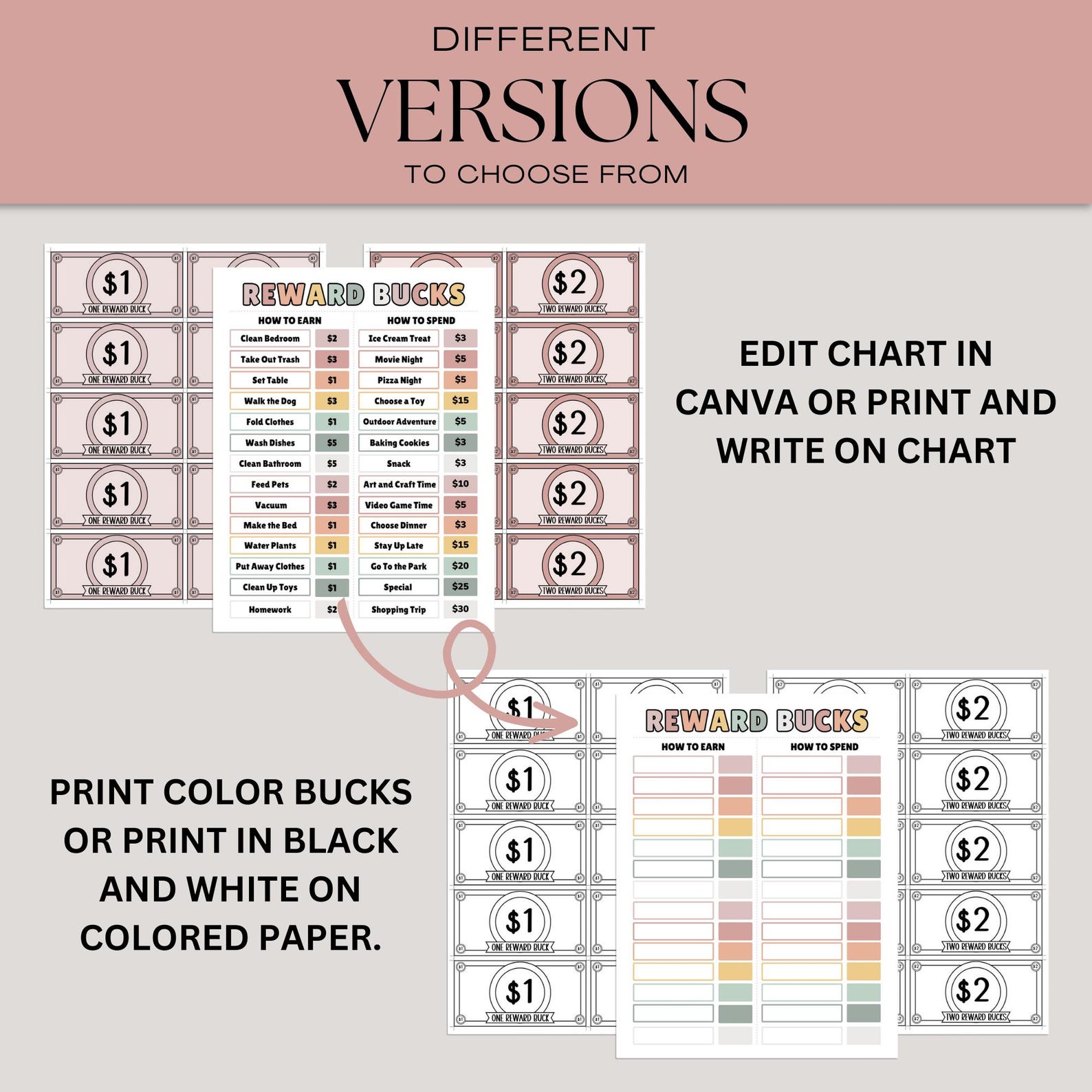 Earth Tones Editable Kids Reward Chart With Reward Bucks Allowance ...