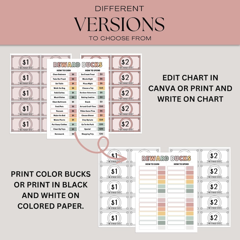 Earth Tones Editable Kids Reward Chart With Reward Bucks Allowance ...