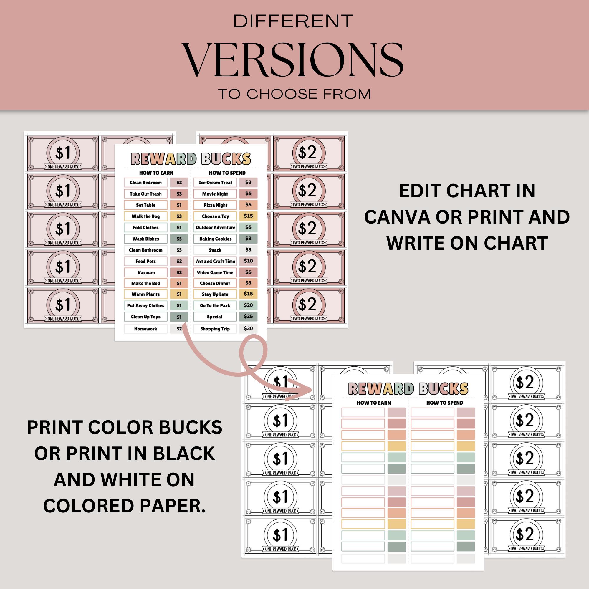 Earth Tones Editable Kids Reward Chart With Reward Bucks Allowance ...