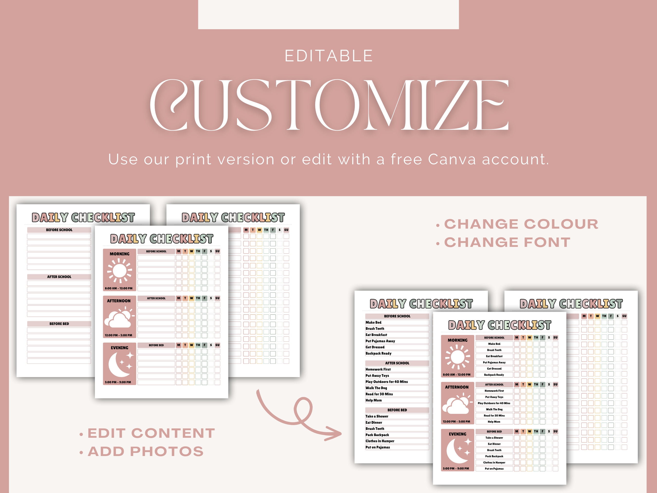 Earth Tones Editable Kids Chore Charts, Rewards and Allowance Daily ...