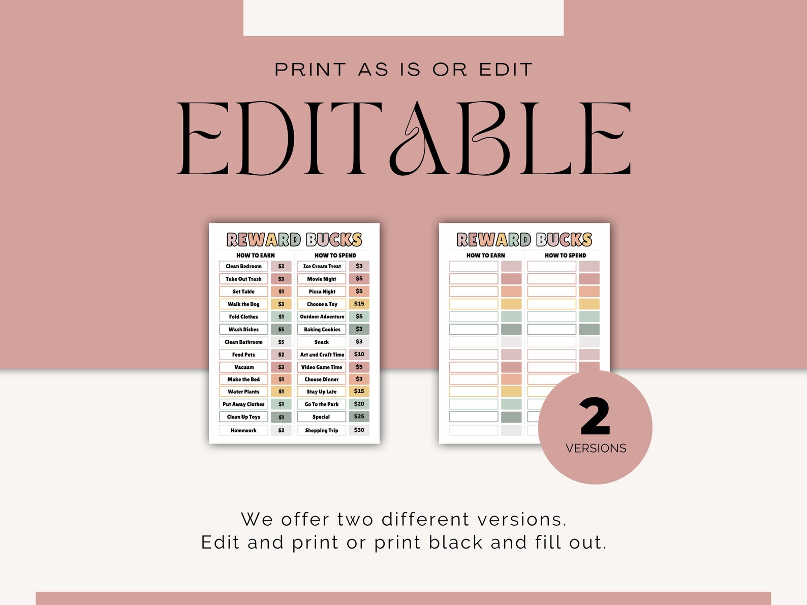 Earth Tones Editable Kids Reward Chart With Reward Bucks Allowance ...