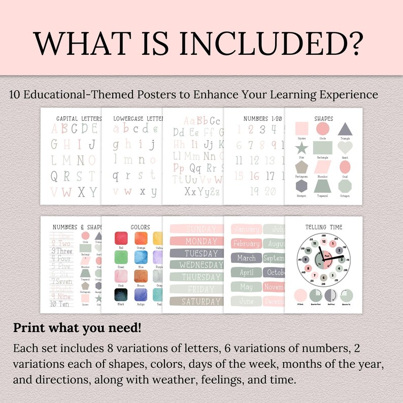 Pink and Green Boho Educational Poster, Playroom Wall Décor, Homeschool ...