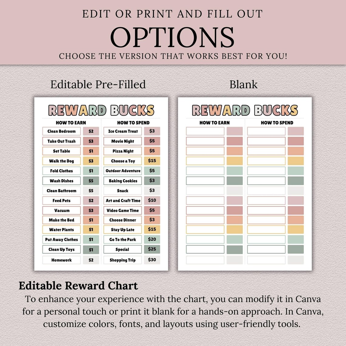 Earth Tones Editable Kids Reward Chart With Reward Bucks | Allowance ...