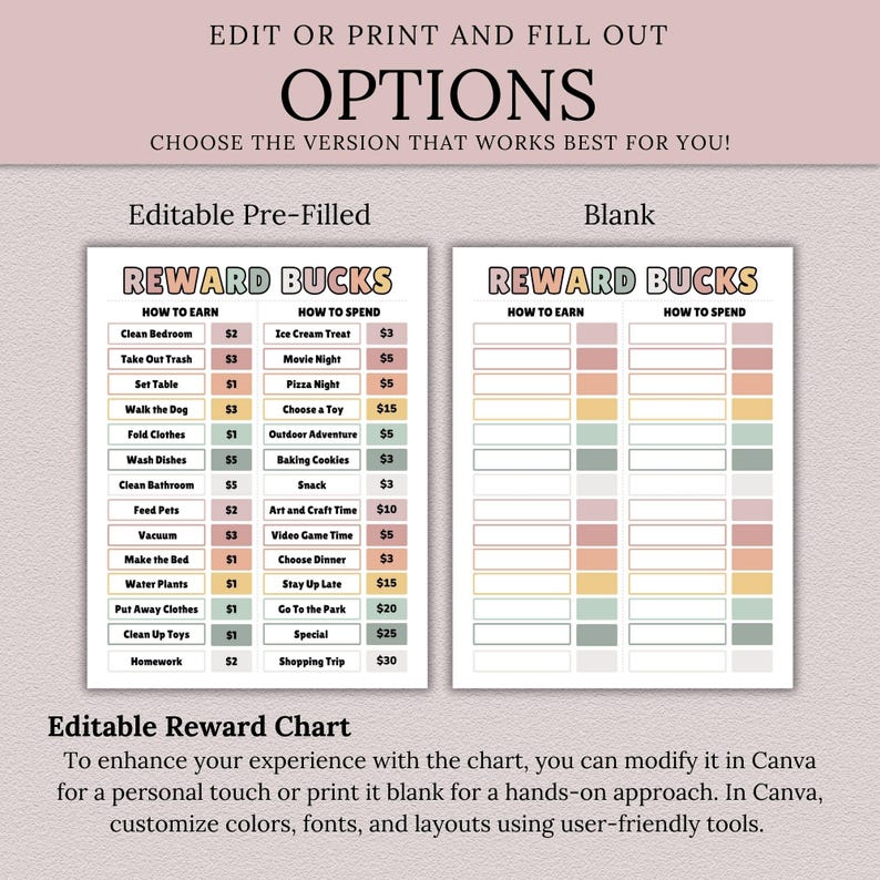 Earth Tones Editable Kids Reward Chart With Reward Bucks | Allowance ...