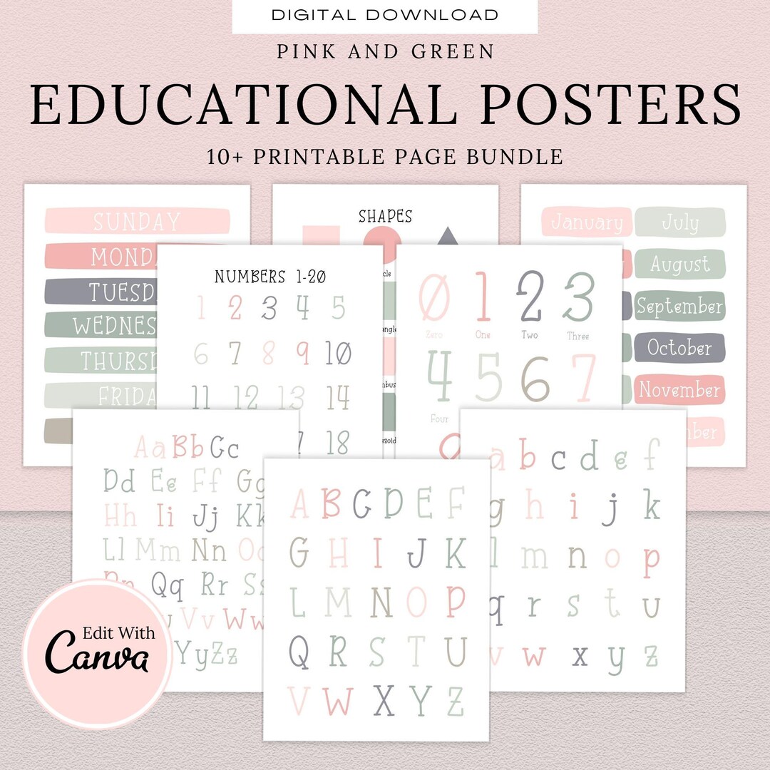 Pink and Green Boho Educational Poster, Playroom Wall Décor, Homeschool ...