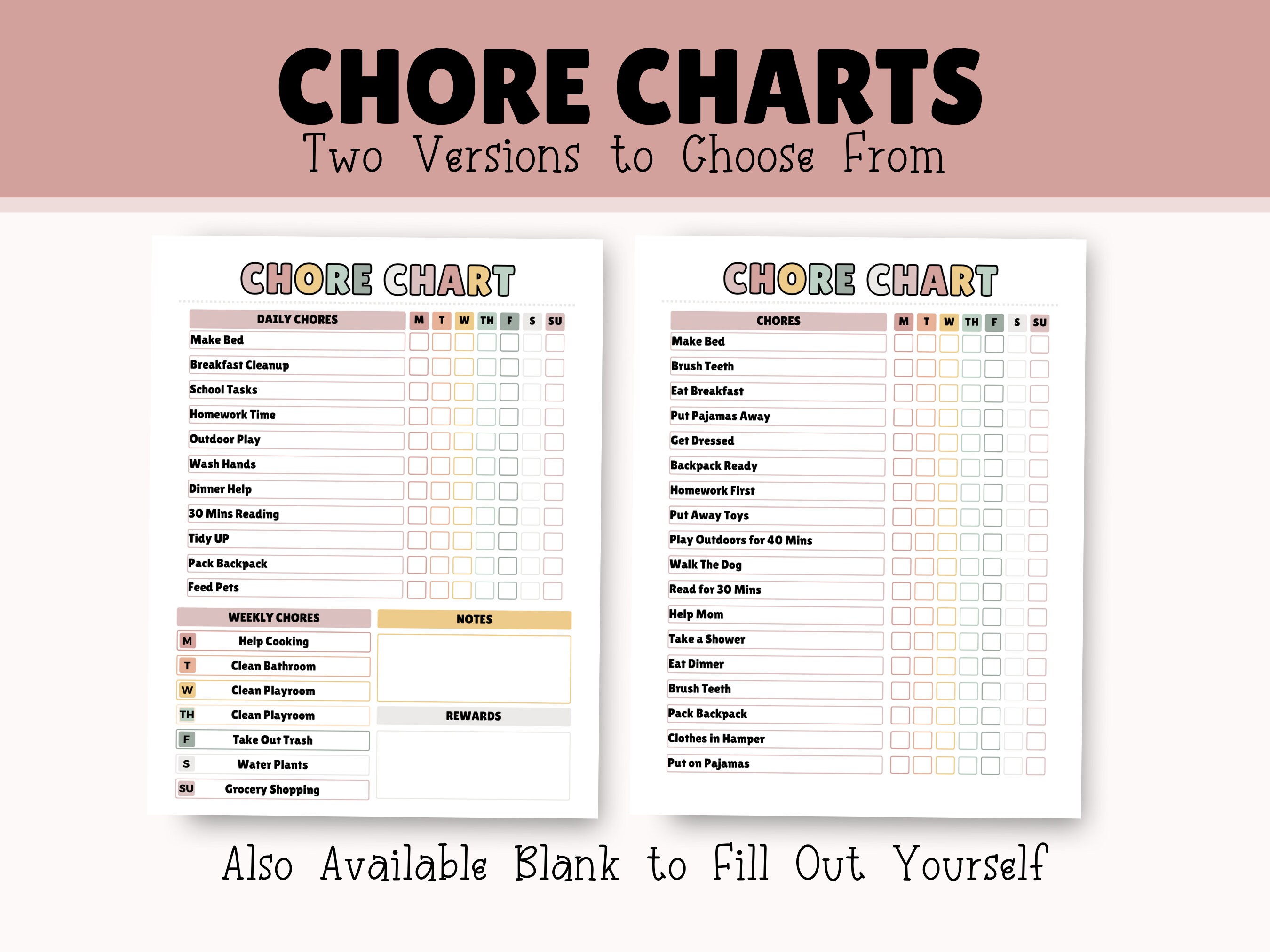 Earth Tones Editable Kids Chore Charts, Rewards and Allowance Daily ...