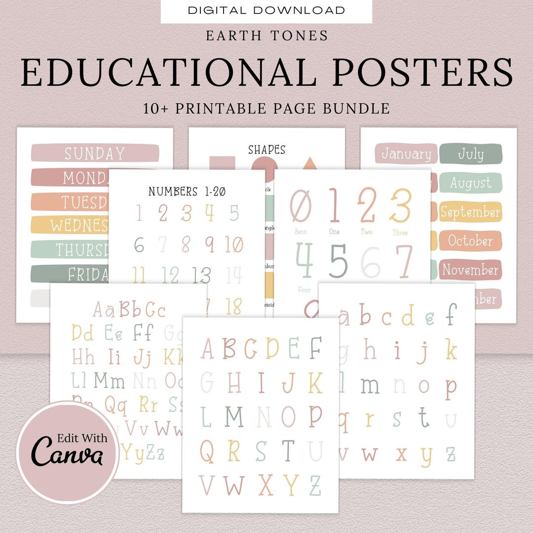 Earth Tone Boho Educational Poster, Playroom Wall Décor, Homeschool ...