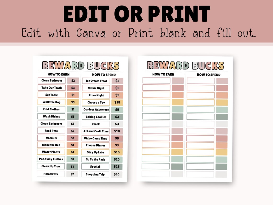 Earth Tones Editable Kids Reward Chart With Reward Bucks Allowance ...