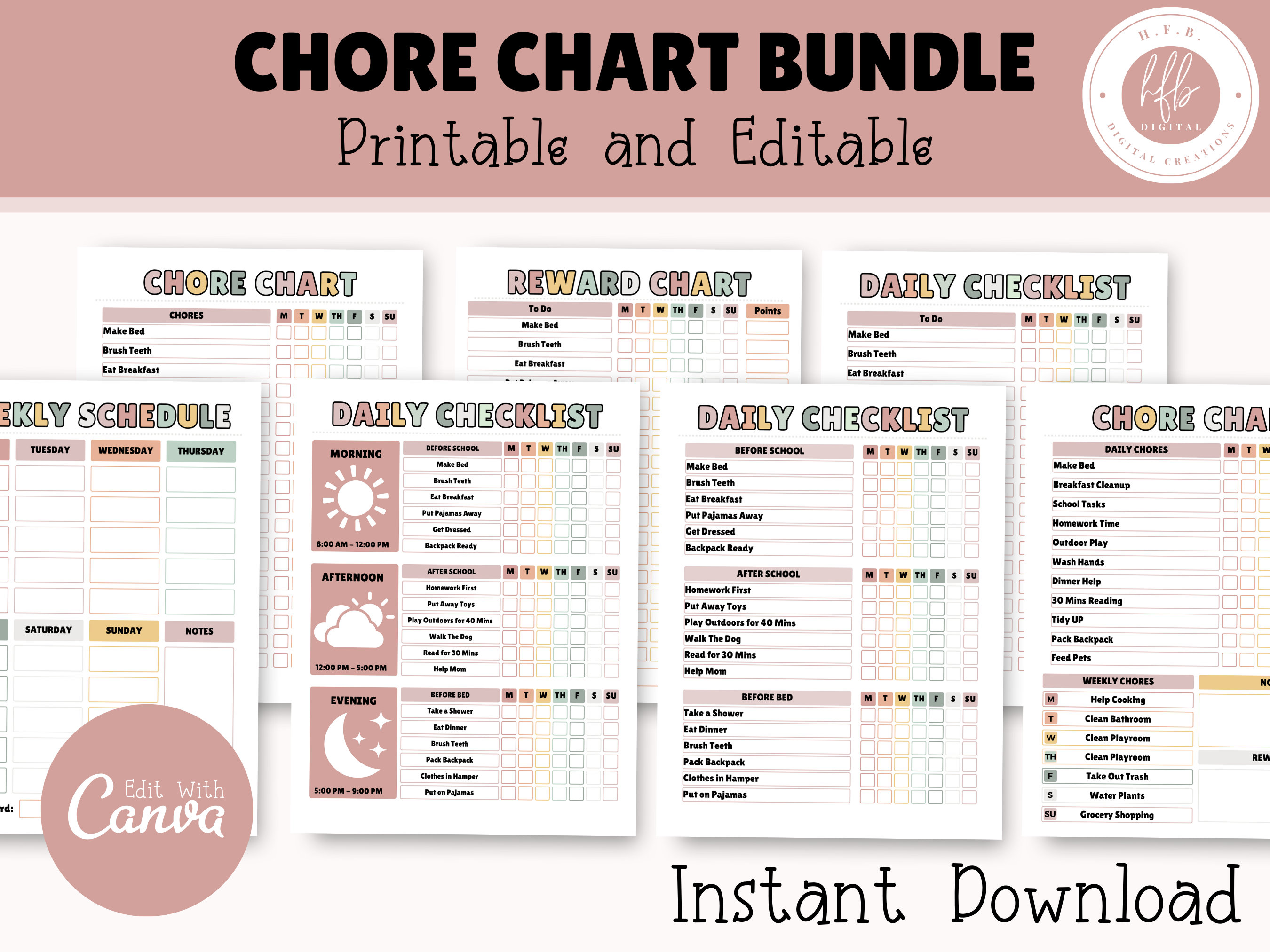 Earth Tones Editable Kids Chore Charts, Rewards and Allowance Daily ...