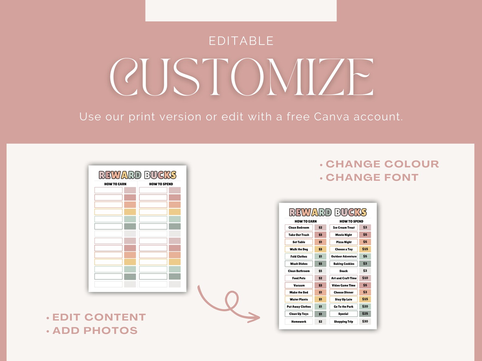 Earth Tones Editable Kids Reward Chart With Reward Bucks Allowance ...