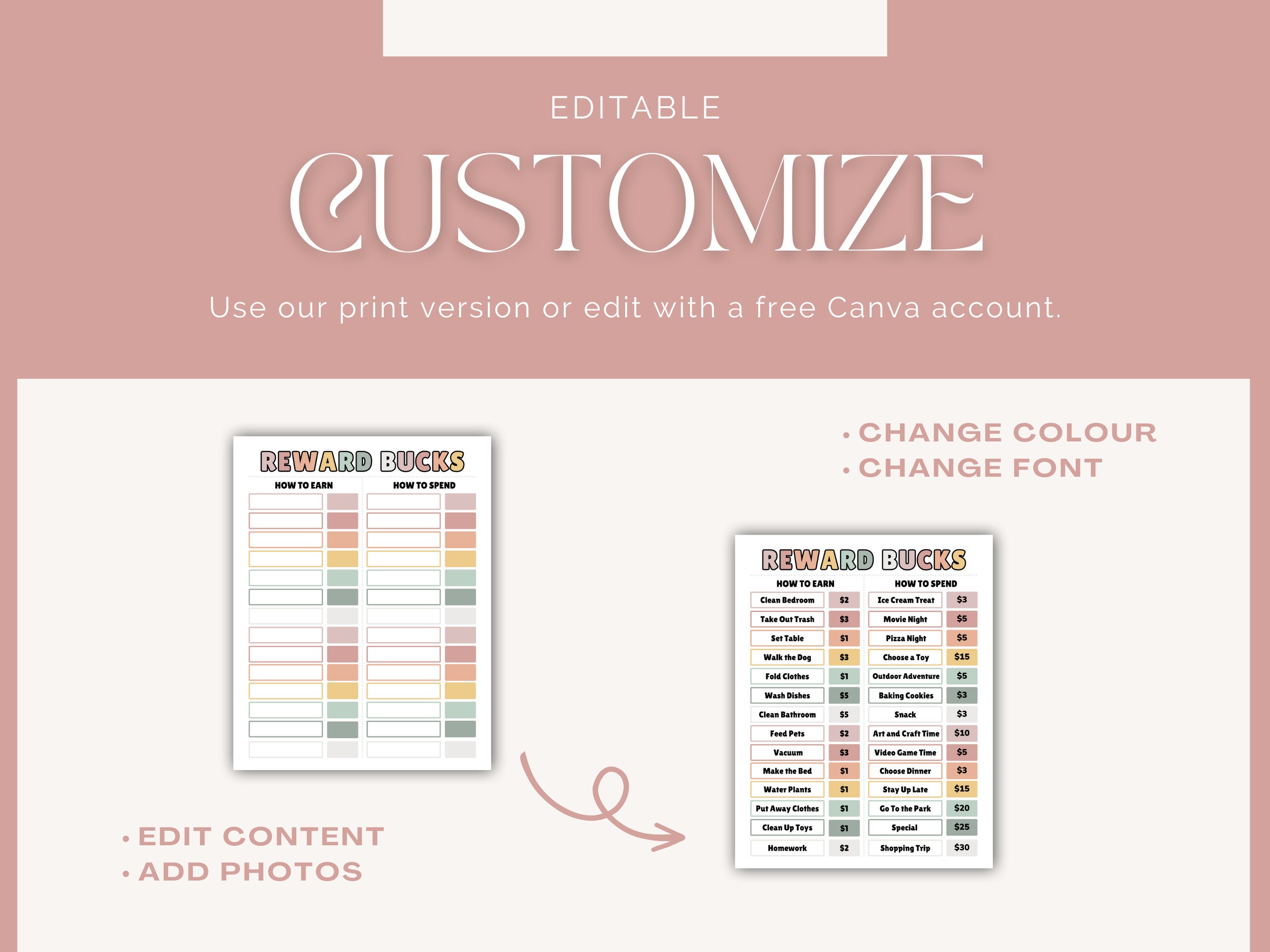 Earth Tones Editable Kids Reward Chart With Reward Bucks Allowance ...