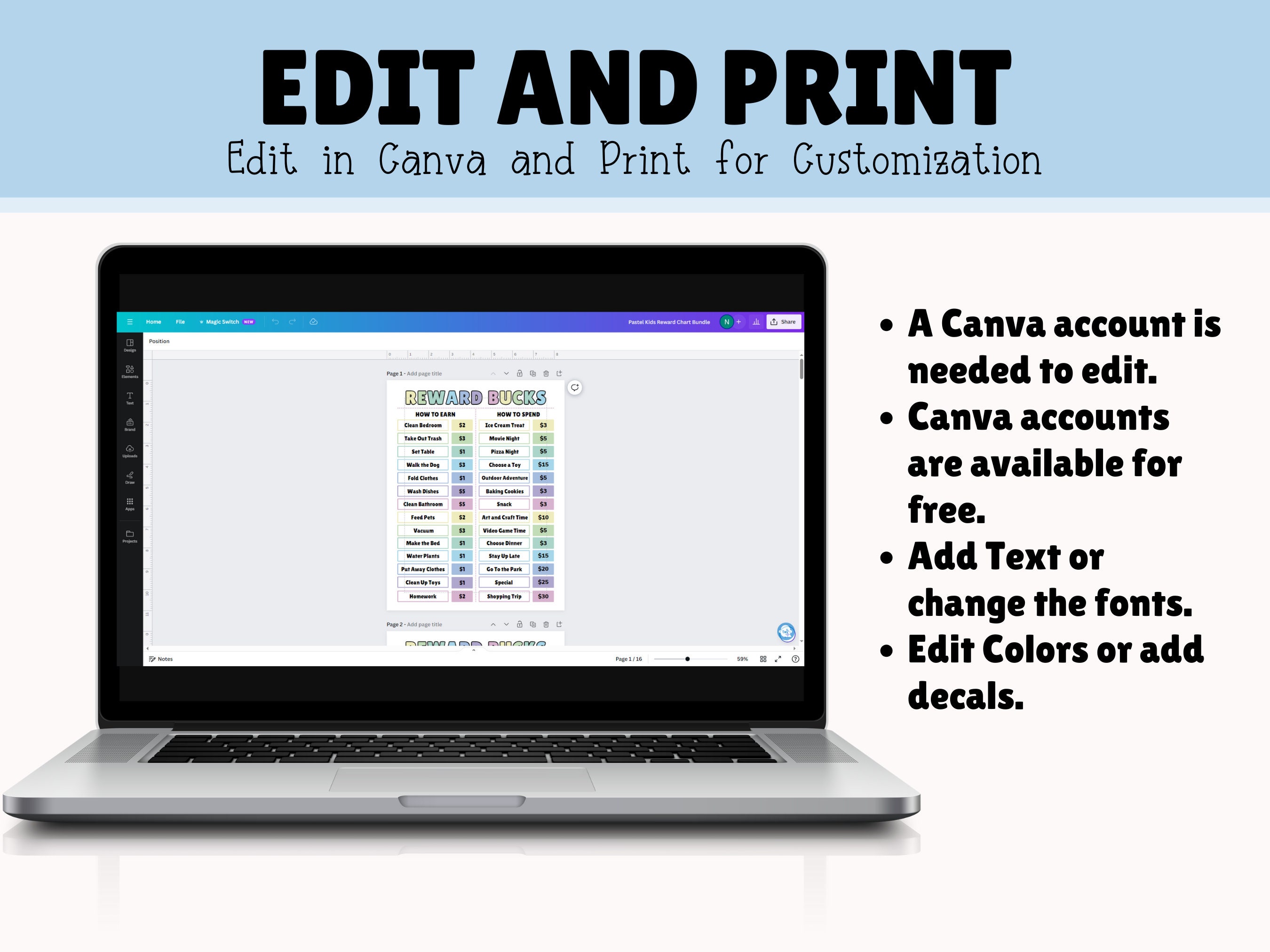 Orange, Green and Blue Editable Kids Reward Chart With Reward Bucks ...