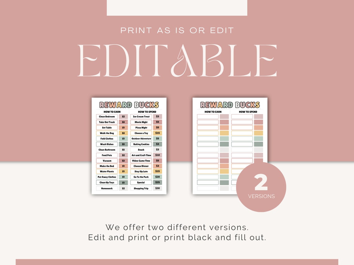 Earth Tones Editable Kids Reward Chart With Reward Bucks Allowance ...