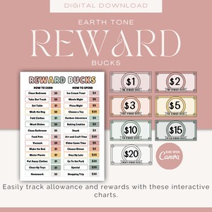 Earth Tones Editable Kids Reward Chart With Reward Bucks Allowance ...
