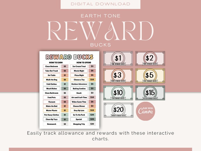Earth Tones Editable Kids Reward Chart With Reward Bucks Allowance ...