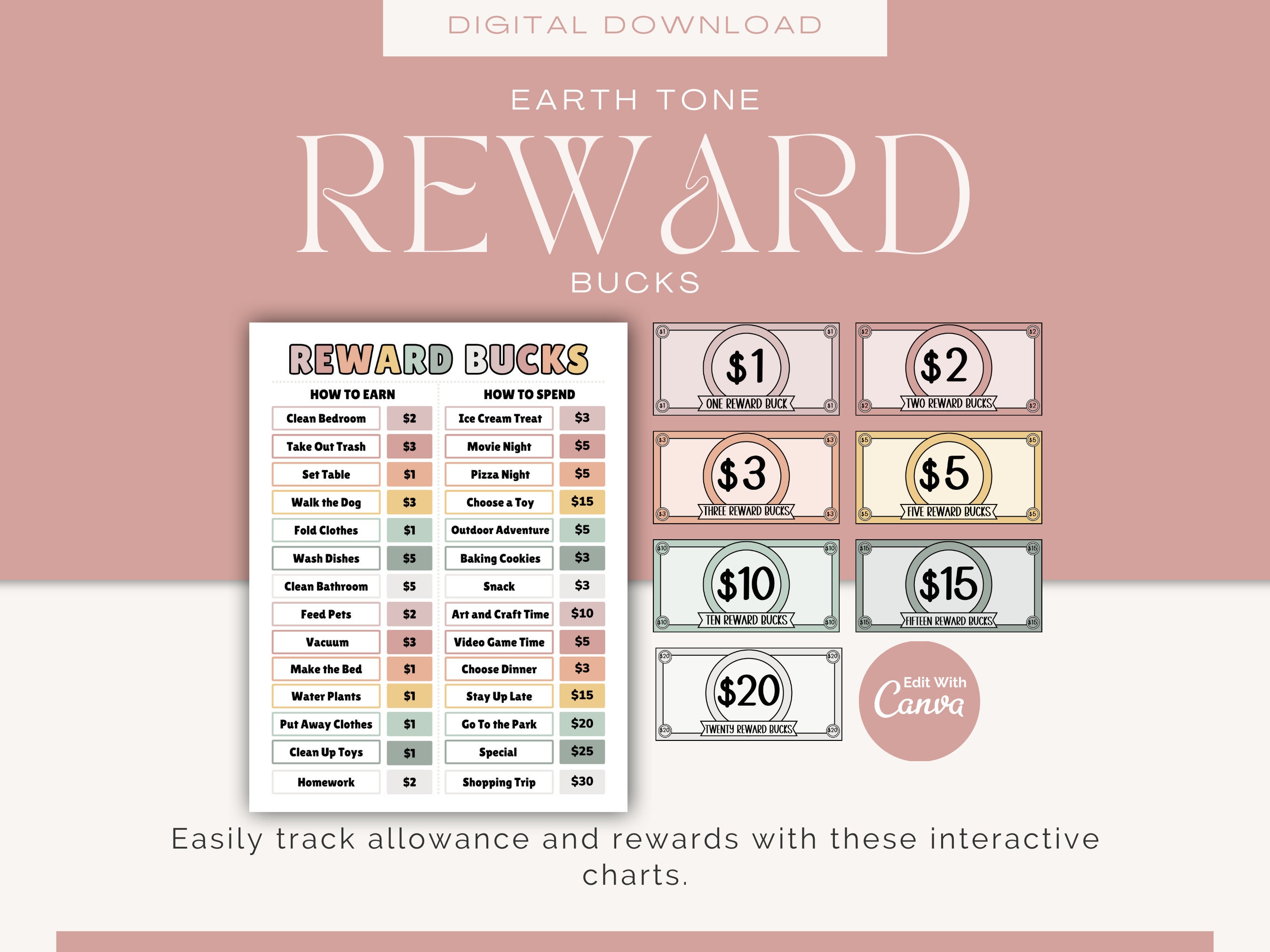 Earth Tones Editable Kids Reward Chart With Reward Bucks Allowance ...