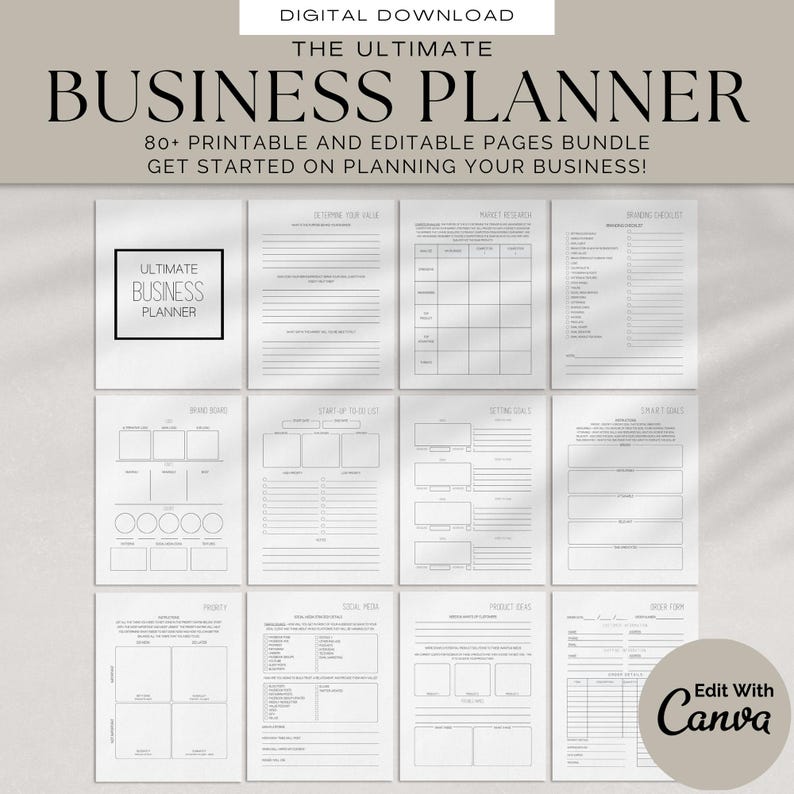 Minimalist Editable Business Planner, Printable Business Planner Bundle ...