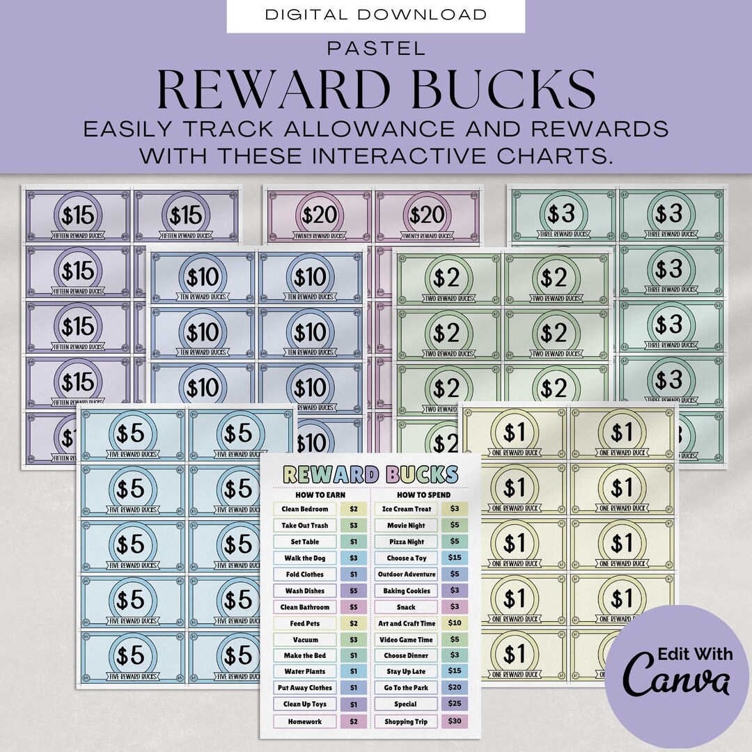 Pastel Editable Kids Reward Chart With Reward Bucks, Reward Bucks for ...