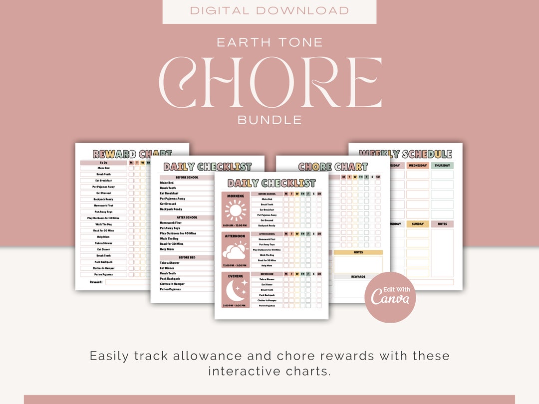 Earth Tones Editable Kids Chore Charts, Rewards and Allowance Daily ...