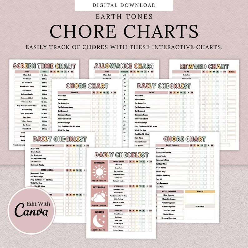 Earth Tones Editable Kids Chore Charts, Rewards and Allowance | Daily ...