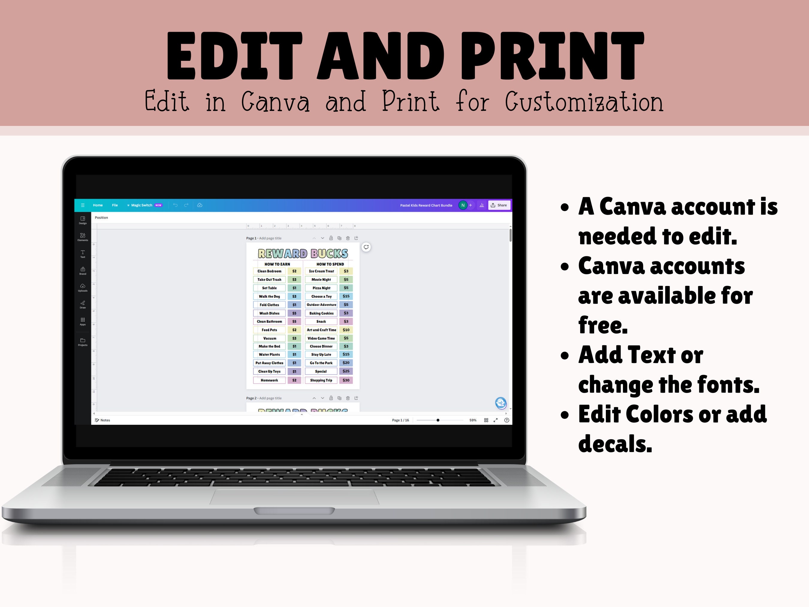 Earth Tones Editable Kids Reward Chart With Reward Bucks Allowance ...