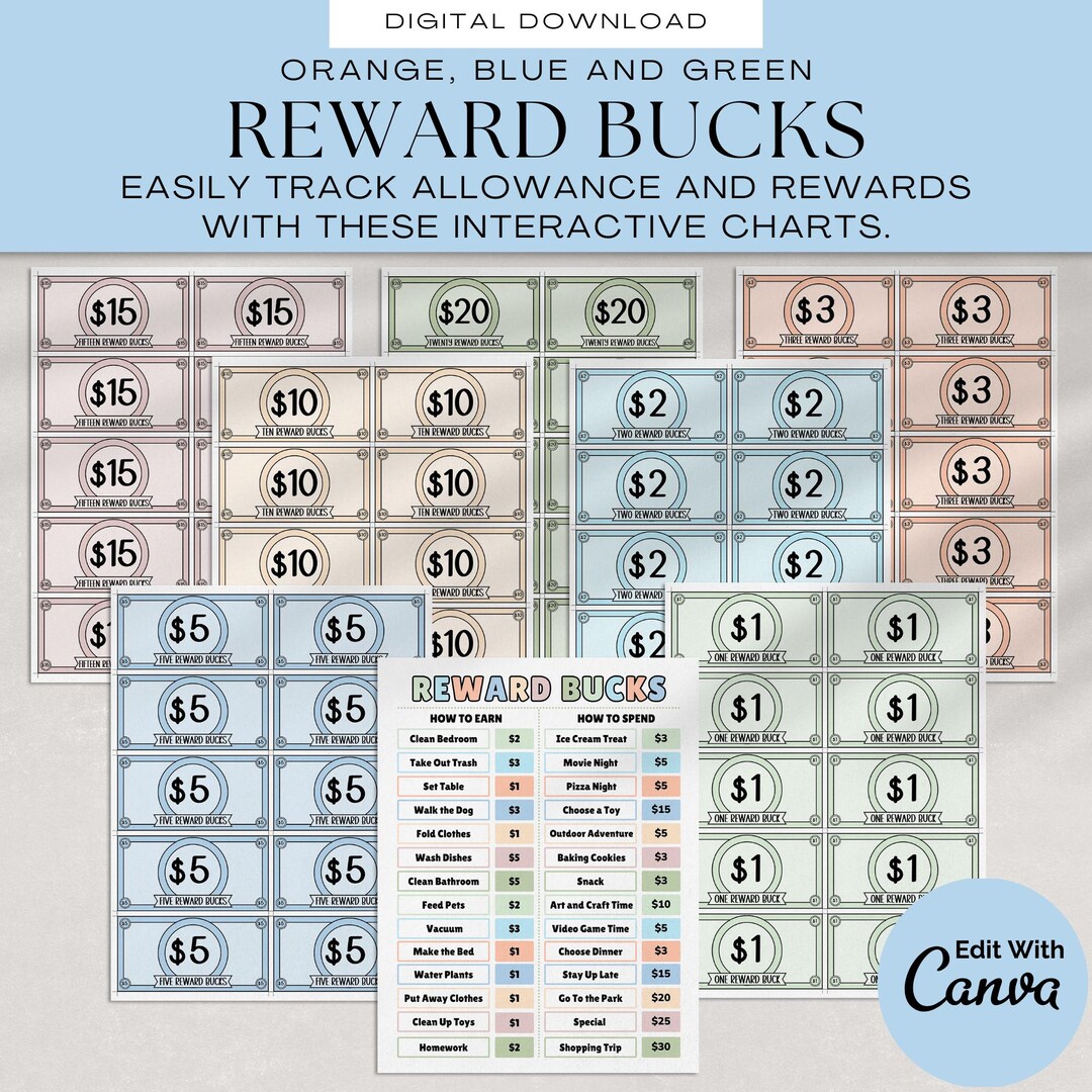 Orange, Green and Blue Editable Kids Reward Chart With Reward Bucks ...