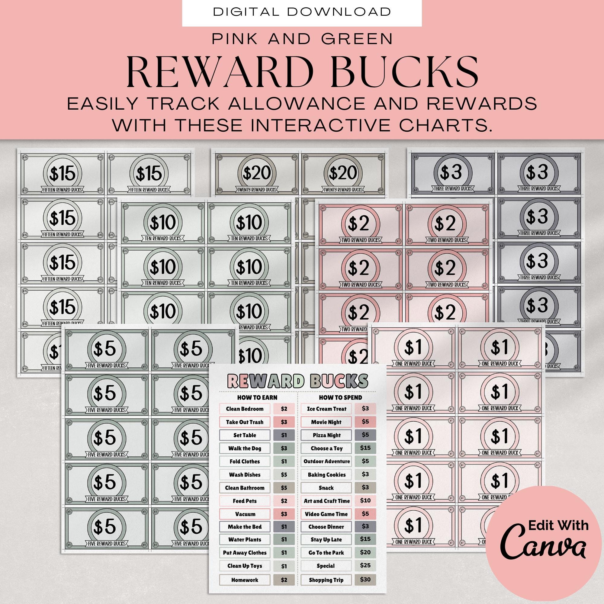 Pink and Green Editable Kids Reward Chart With Reward Bucks Allowance ...