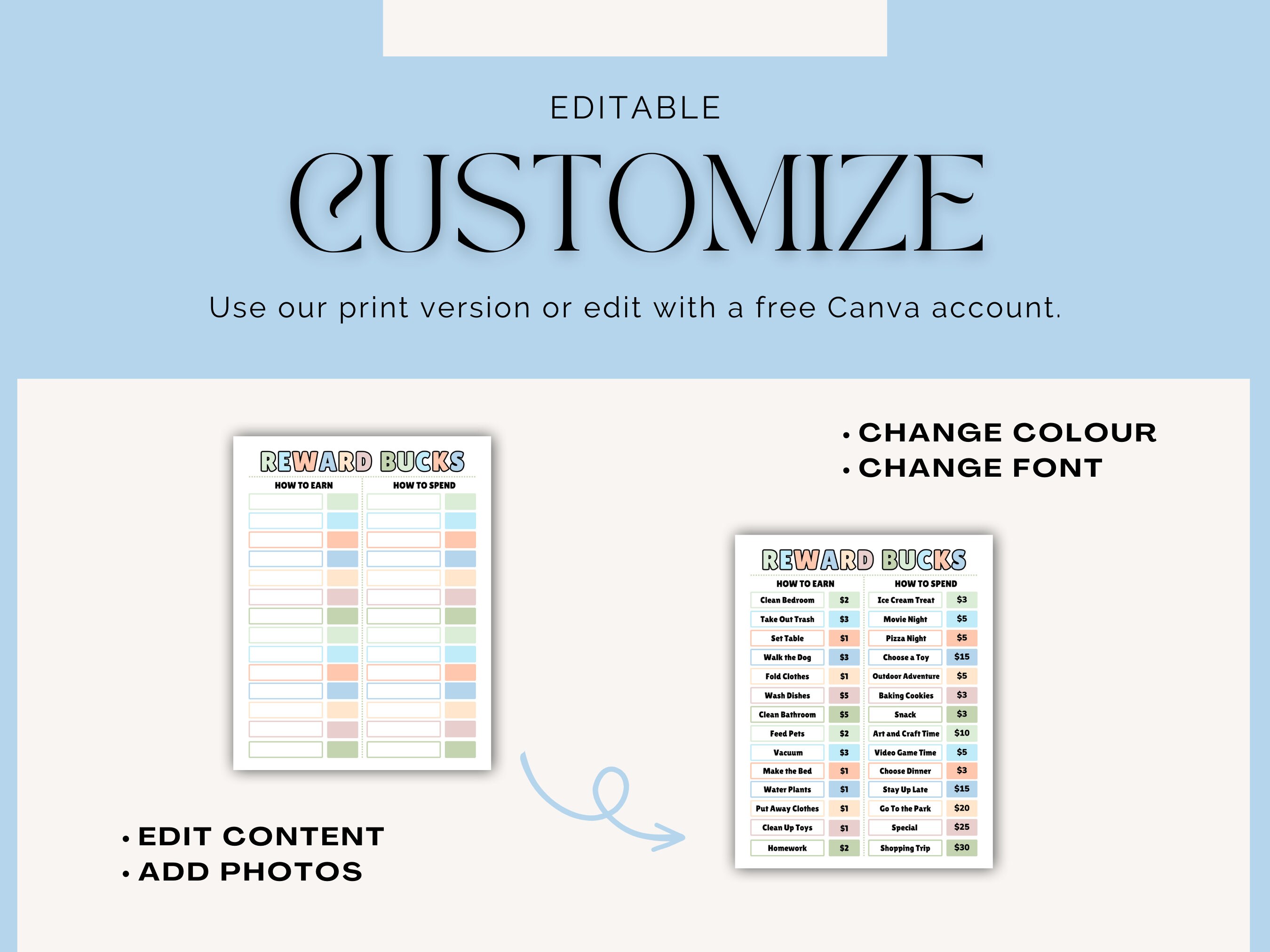 Orange, Green and Blue Editable Kids Reward Chart With Reward Bucks ...