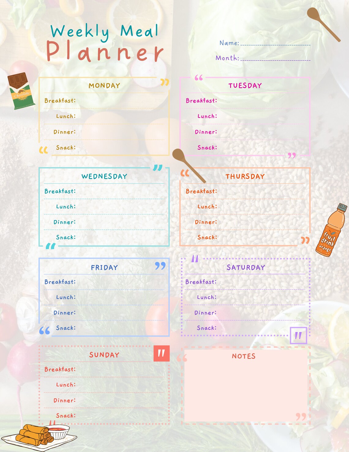 Weekly Meal Planner Food Prep Colorful Weekly and Monthly - Etsy