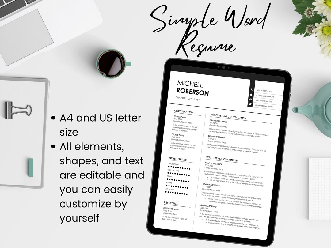 Simple Word Resume Template in Word and Apple Page | Professional ...