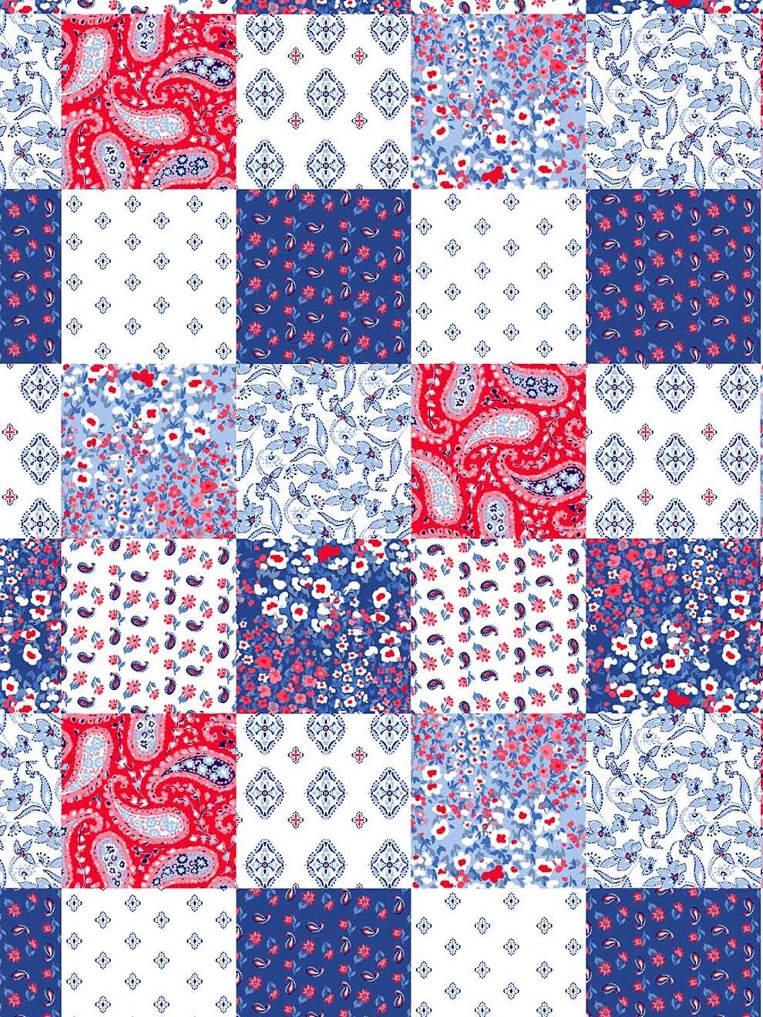 Patchwork Paisley and Ditsy Floral Printed DBP Fabric, Red/blue. Fabric ...