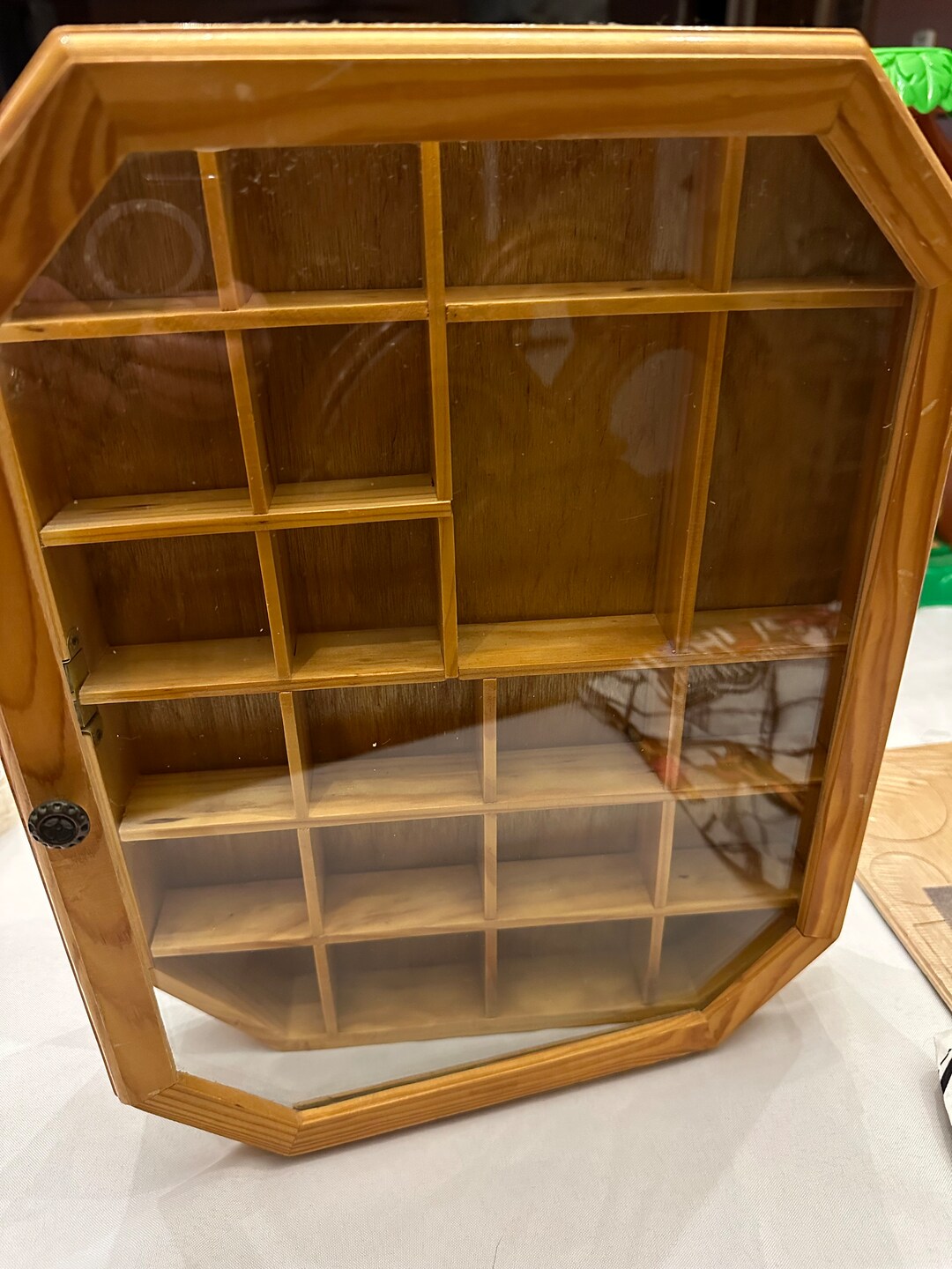 Vtg Wood Glass Curio Cabinet Display Case 22 Slots Octagonal Oak Wall ...