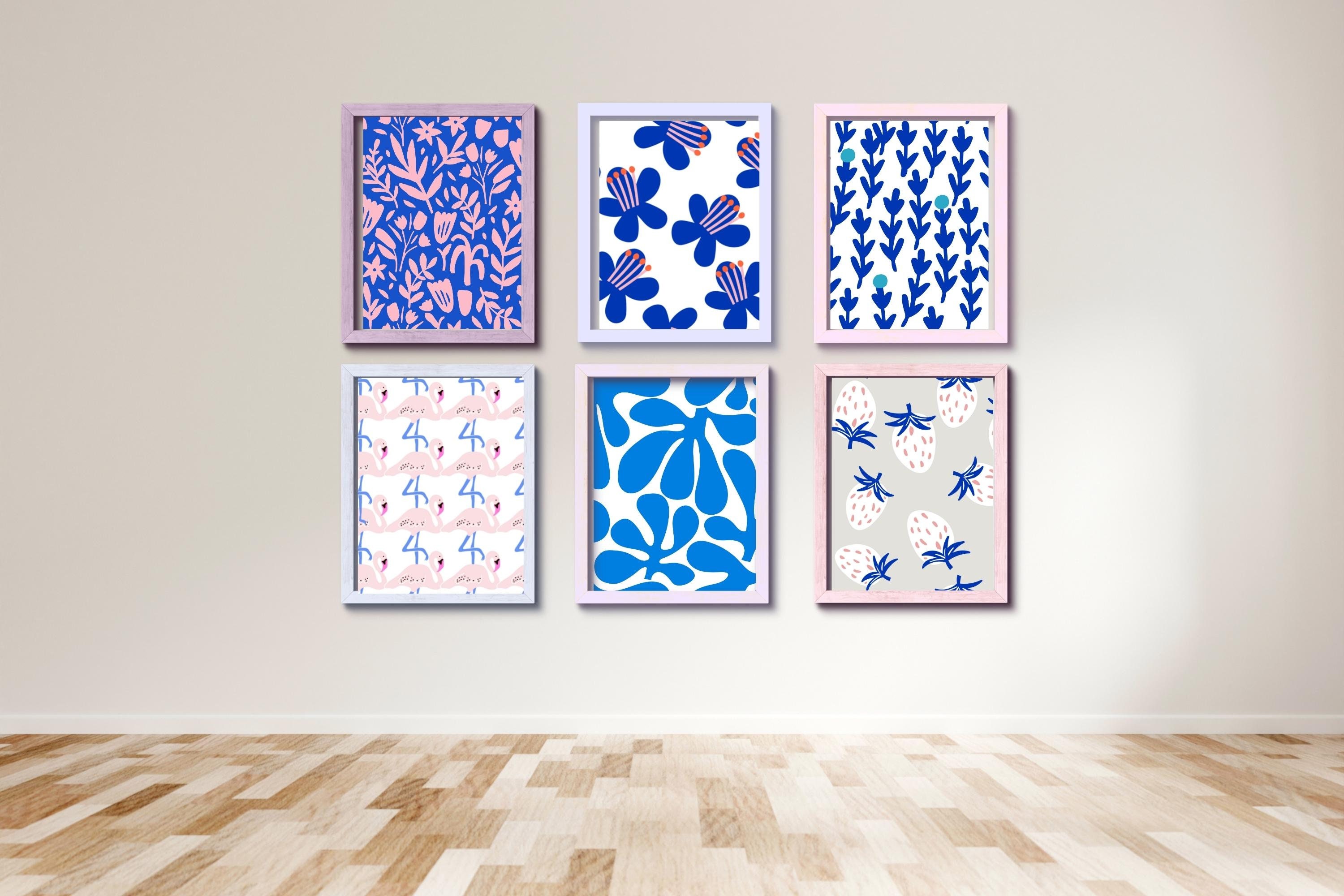 Set of 6 Pink and Blue Print Gallery Wall, Digital Download, Boho Retro ...