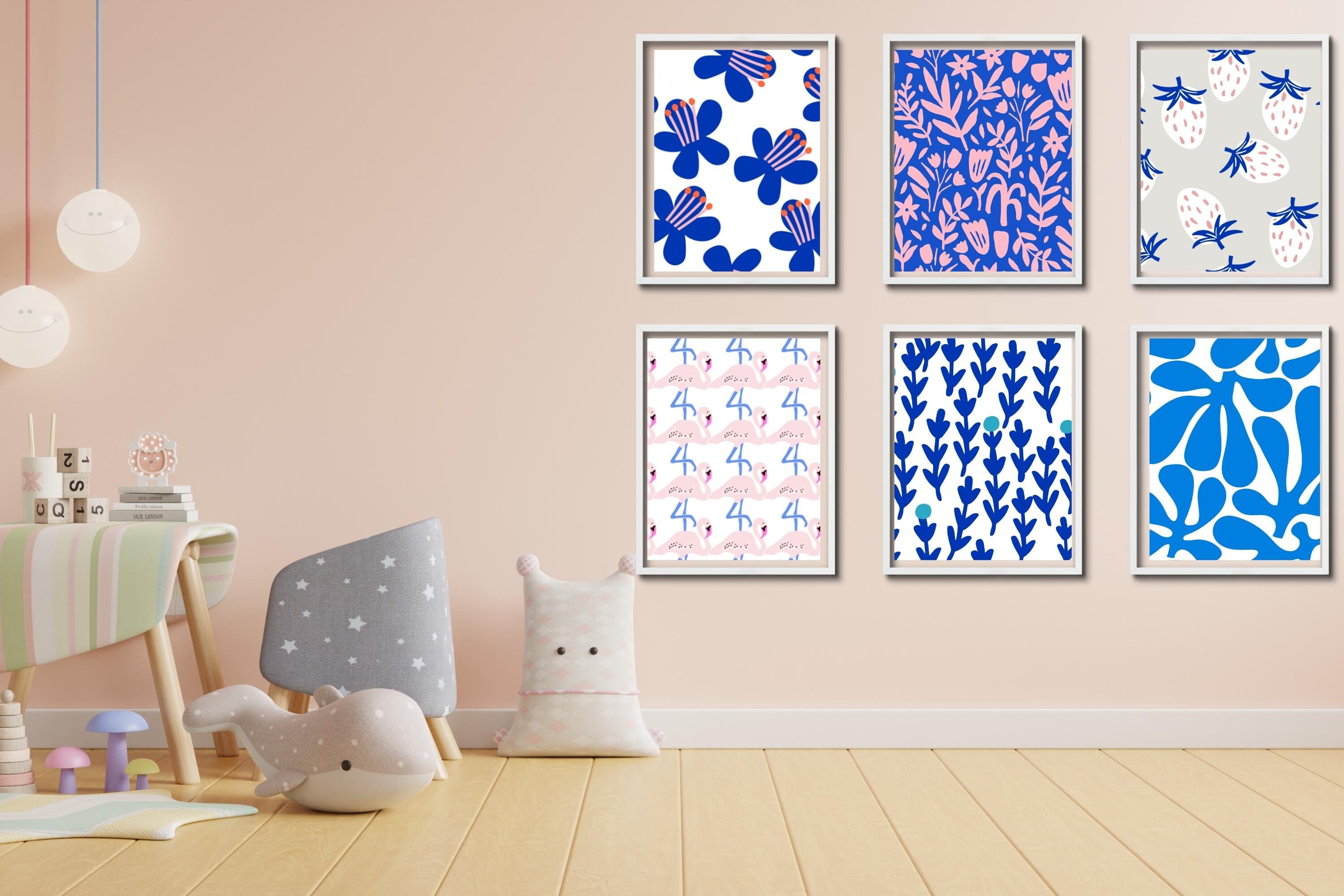 Set of 6 Pink and Blue Print Gallery Wall, Digital Download, Boho Retro ...