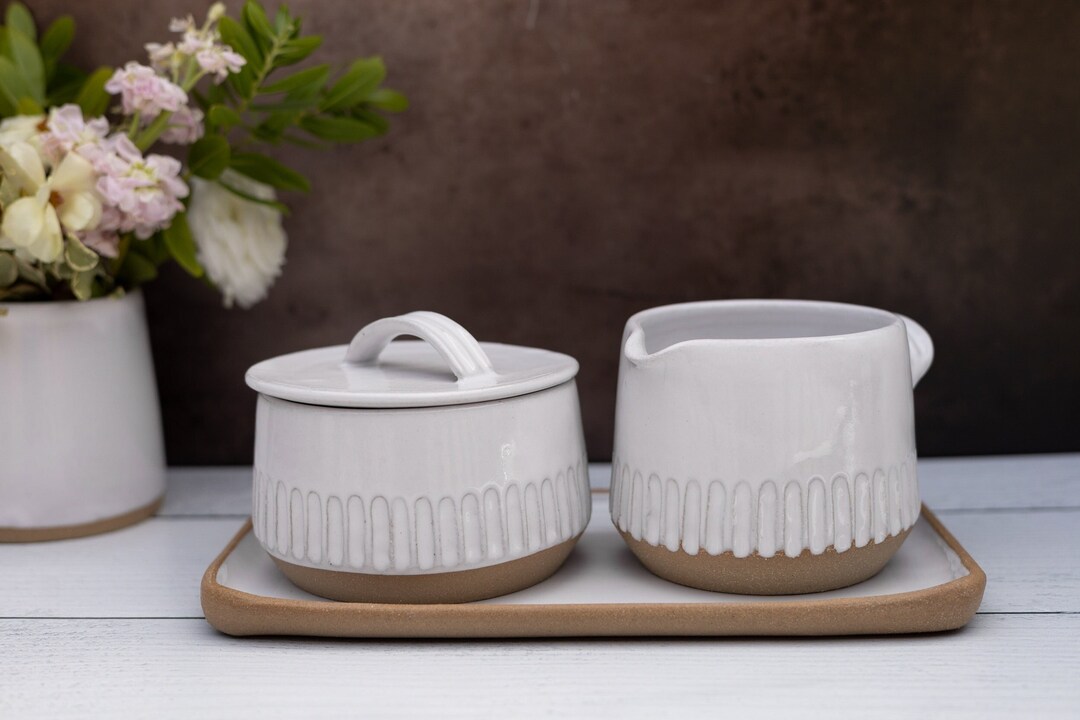 Large Cream and Sugar Set With Tray Kitchen Decor Gift Tea Set Ceramic ...
