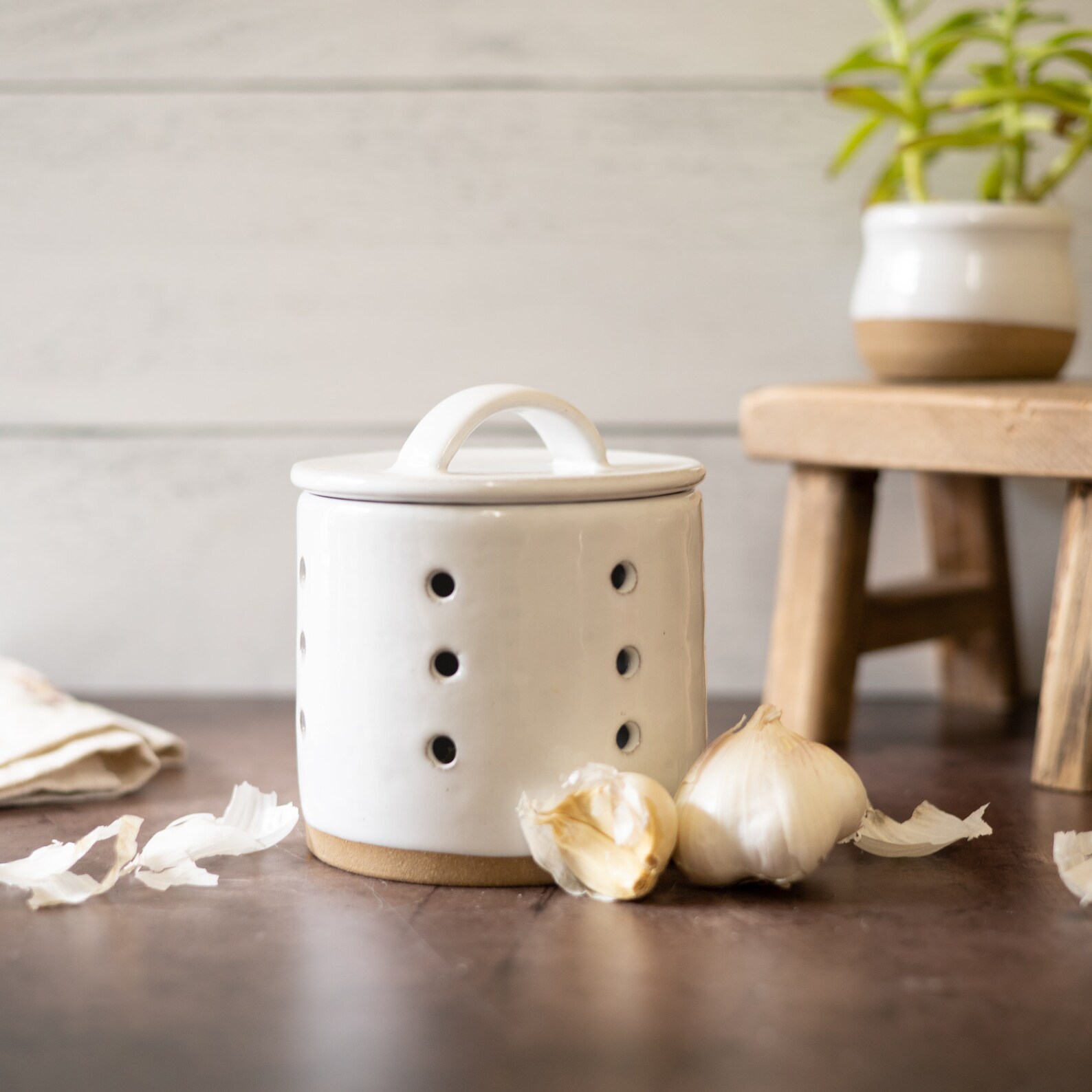 Garlic Keeper Lidded Jar Large Pottery Ceramic Garlic Crock Modern ...