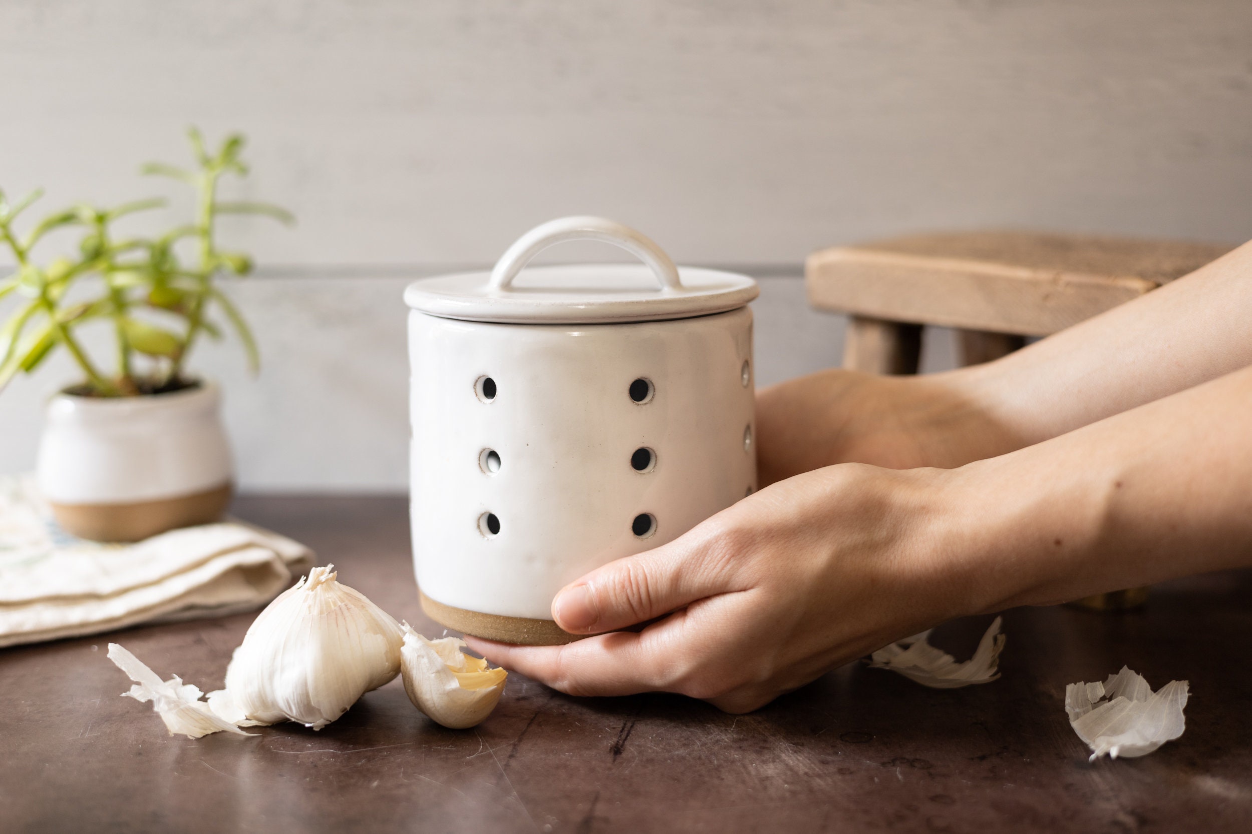 Garlic Keeper Lidded Jar Large Pottery Ceramic Garlic Crock Modern ...