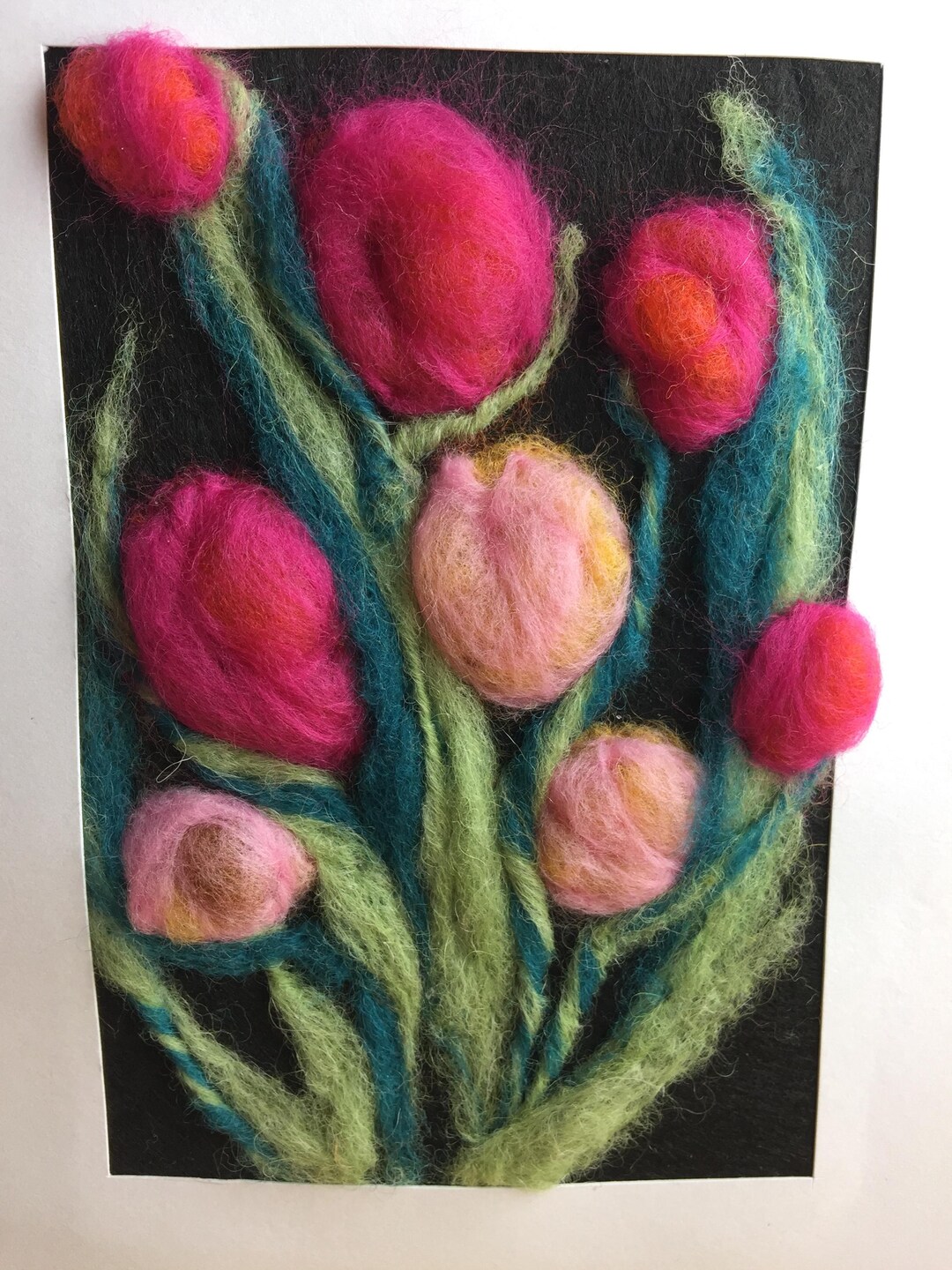 Felt Flower Card, Bright Colorful Handmade Needle Felt Piece of Woolart ...
