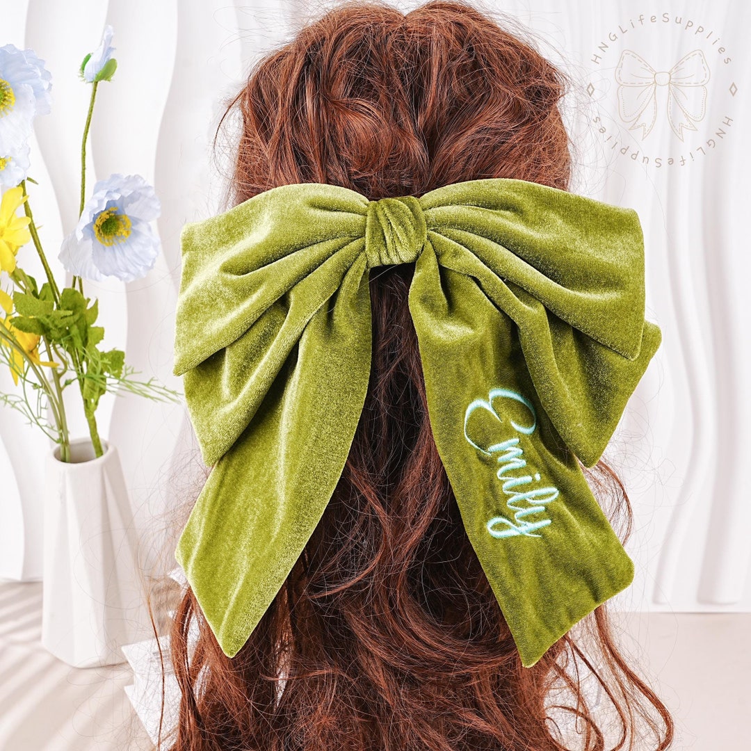 Custom Hair Bow With Name, Girl's Velvet Hair Bow, Embroidered Hair Bow ...