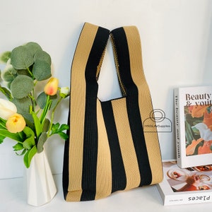 Women Hand-woven Stylish Stripe Bag, Handmade Crochet Casual Shopping ...